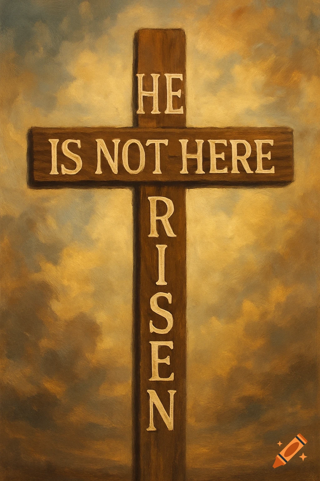 A wooden cross with the text 'HE IS NOT HERE' on the horizontal beam ...