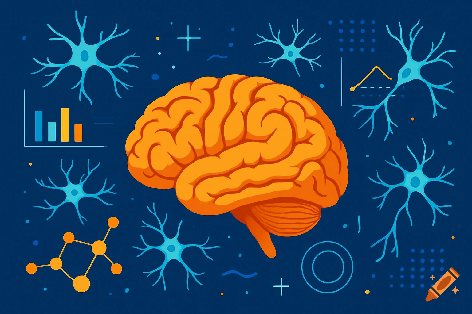 An orange brain illustration with blue neurons and abstract scientific ...