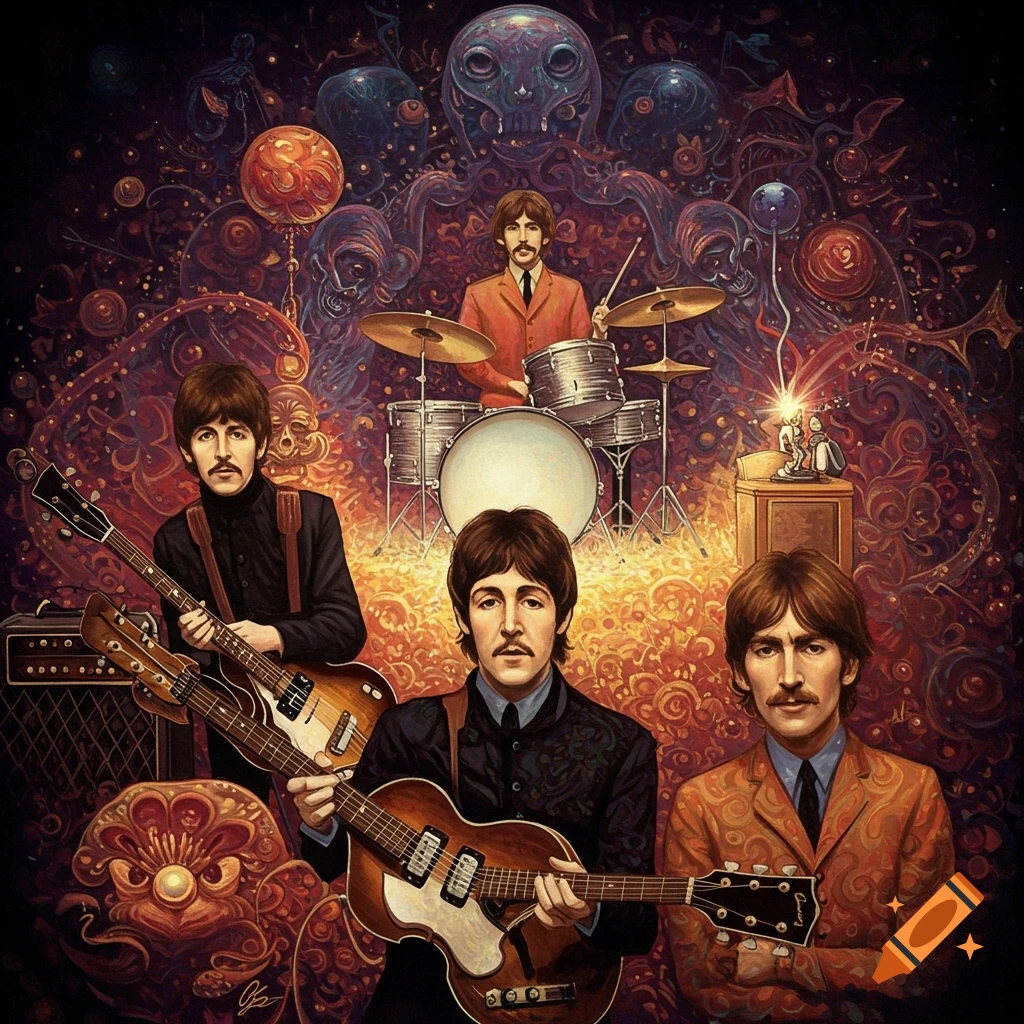 The Beatles in a colorful, psychedelic art style, holding instruments ...