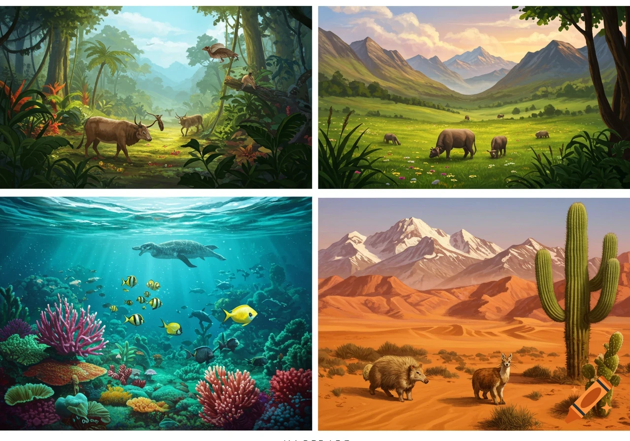 Four vibrant stylized illustrations depicting diverse habitats: a lush ...