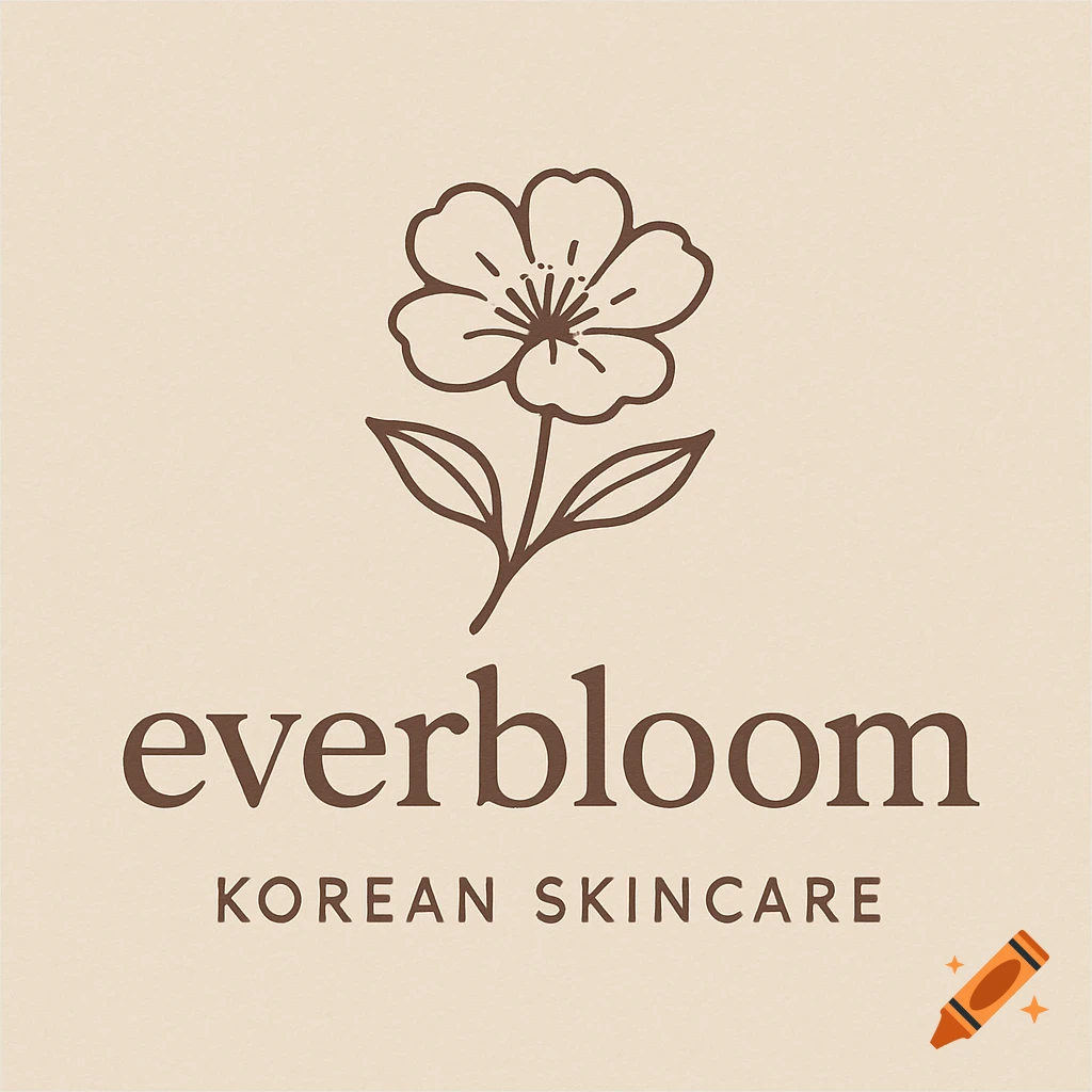 A minimalist brown logo for Everbloom Korean Skincare, featuring a line-drawn flower with leaves ...