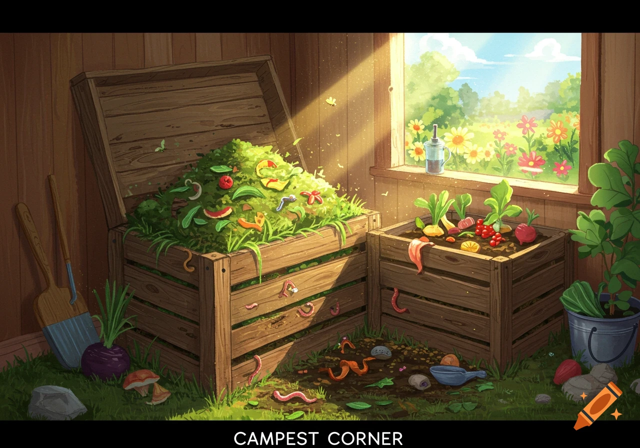 An illustrated compost corner indoors with wooden bins full of organic ...
