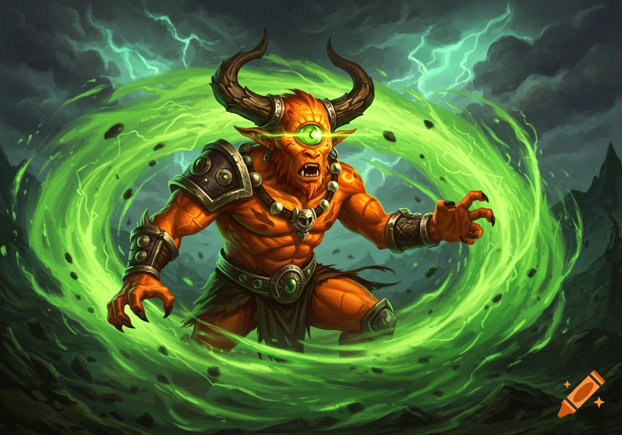 An orange-skinned cyclops with horns stands amidst a swirling green ...