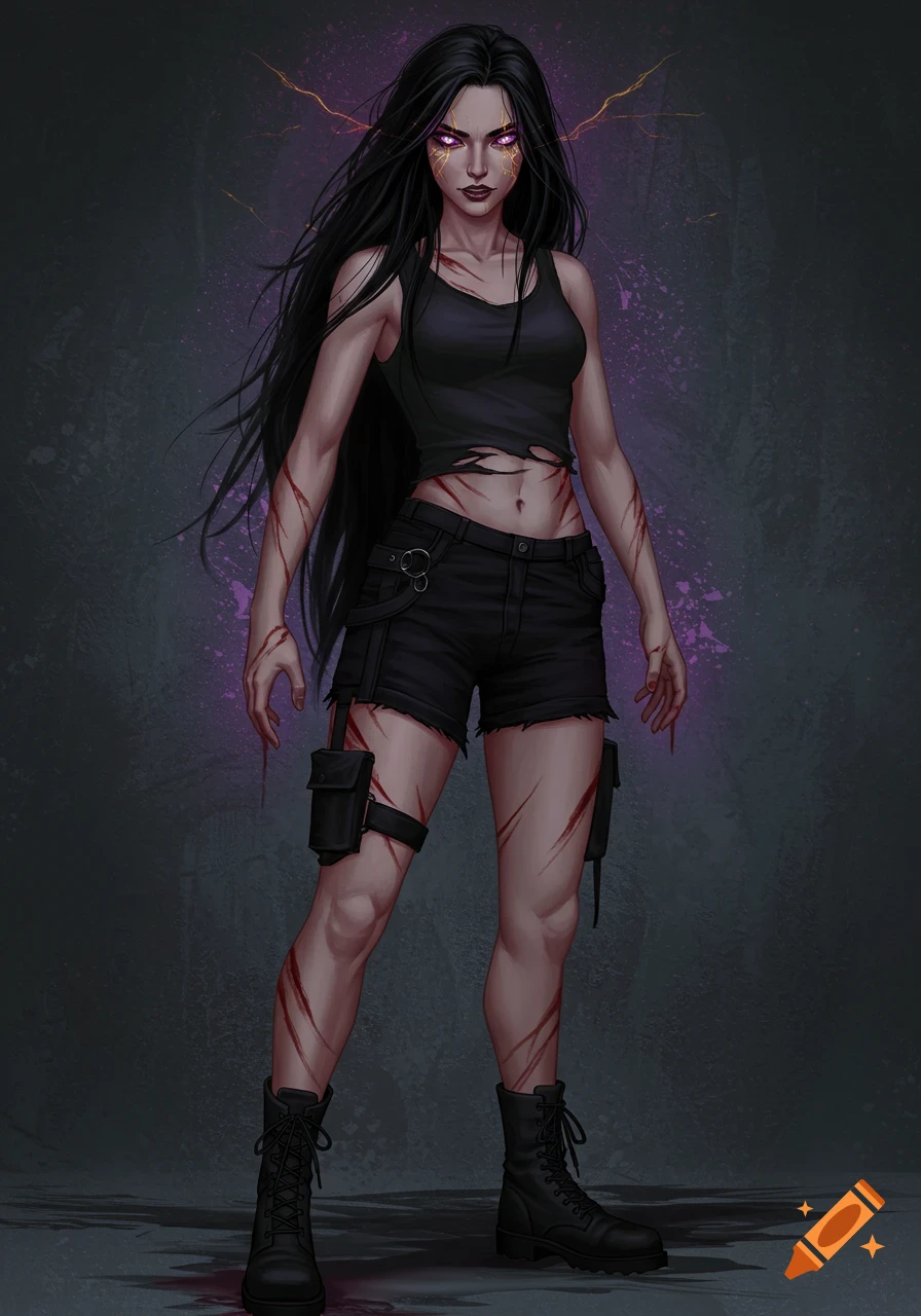 Full-body digital painting of a pale woman with long black hair ...
