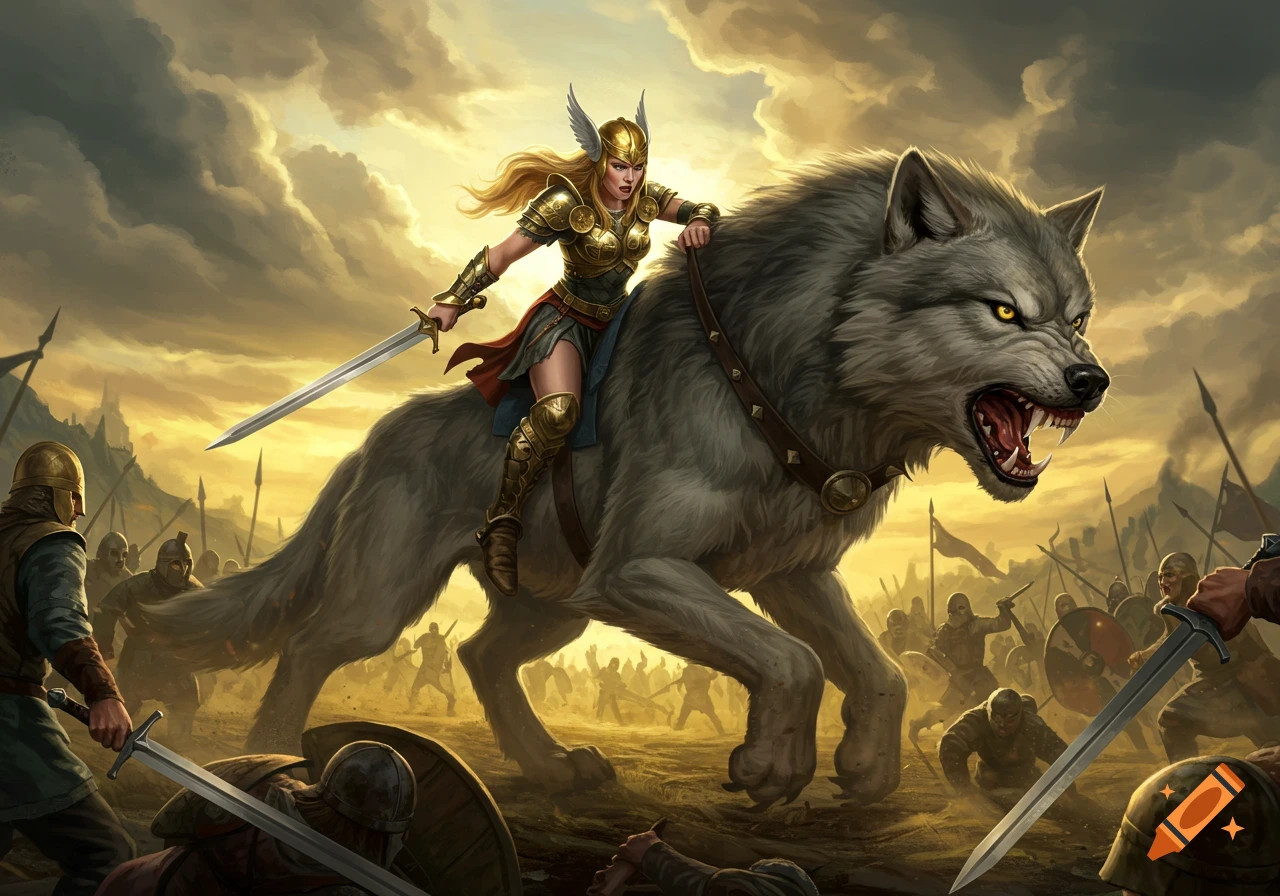 A golden-armored Valkyrie rides a fierce giant wolf into battle under a ...