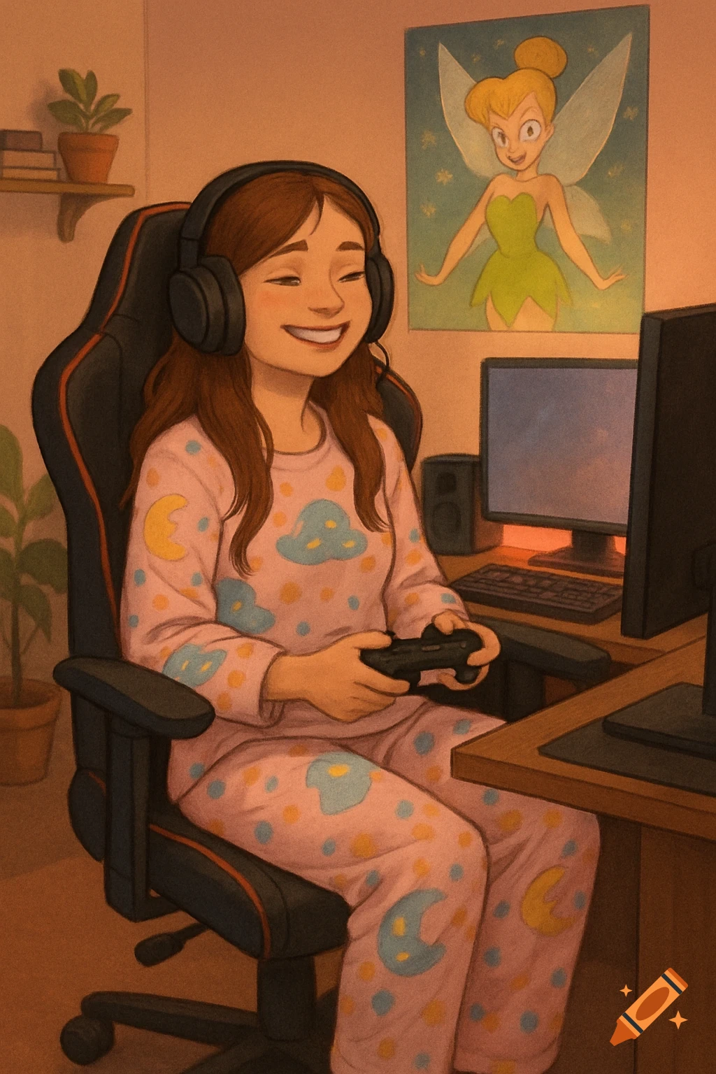 A smiling young woman with headphones in pink pajamas plays video games ...