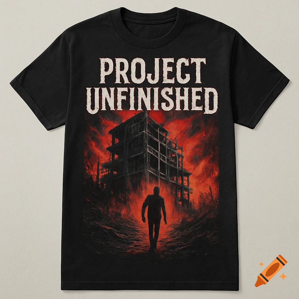 Black t-shirt with 'PROJECT UNFINISHED' text above a silhouetted figure ...