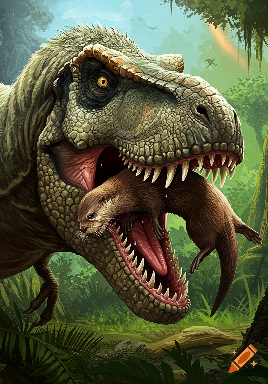An illustration of a large T-Rex with its mouth wide open, capturing a ...