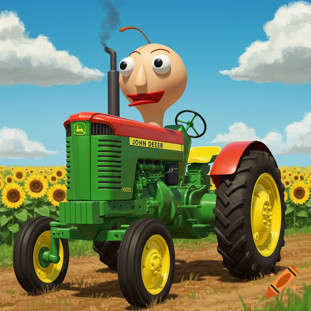 Cartoon Baldi's head on a green and red tractor in a sunflower field ...