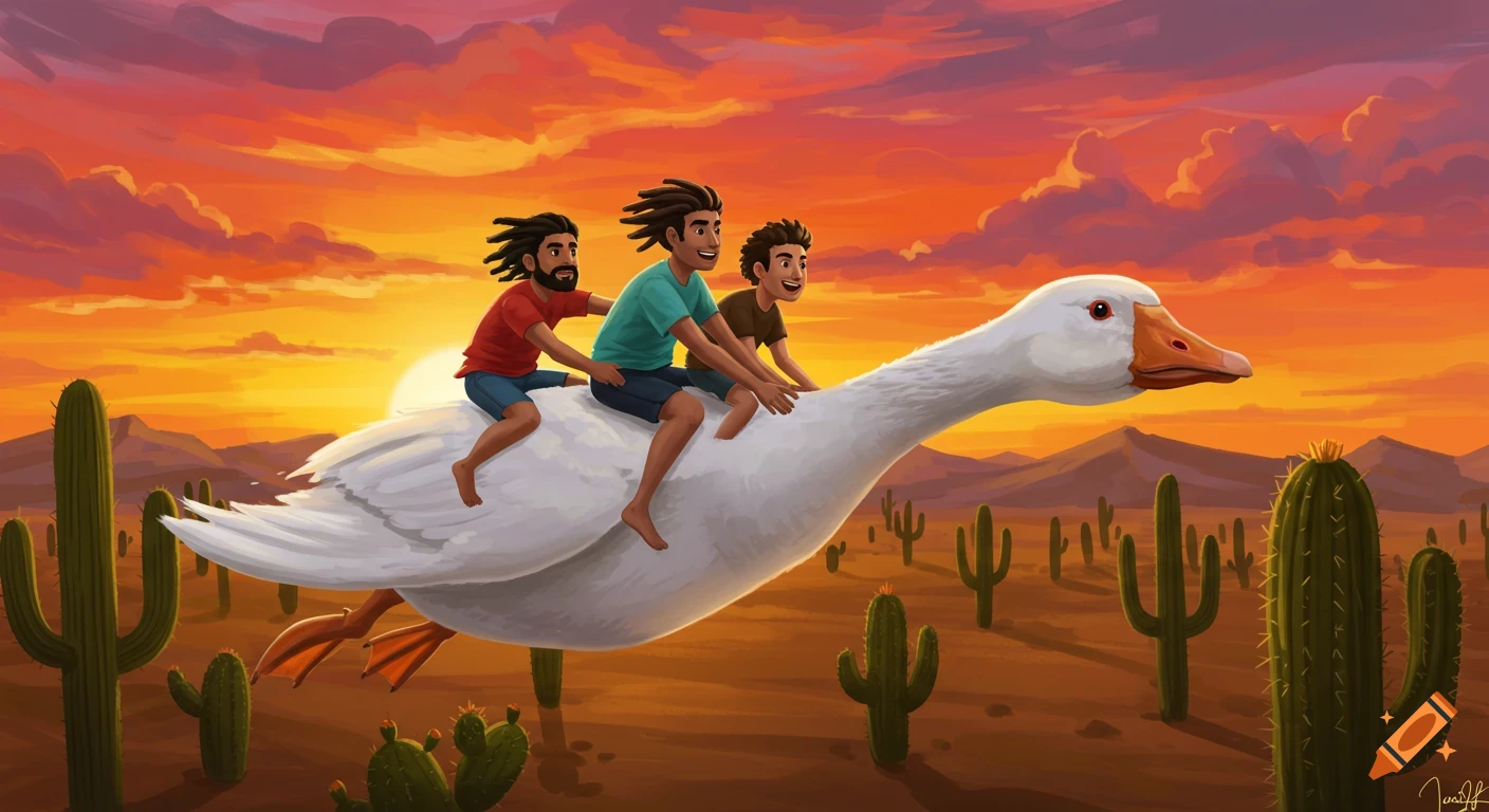 Three cartoon men ride a large white flying goose over a saguaro cactus ...