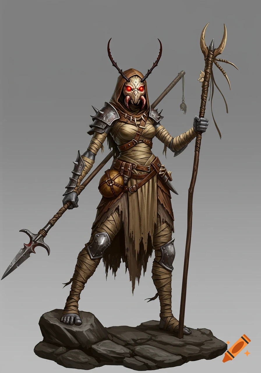 A formidable insectoid humanoid warrior with glowing red eyes, clad in ...