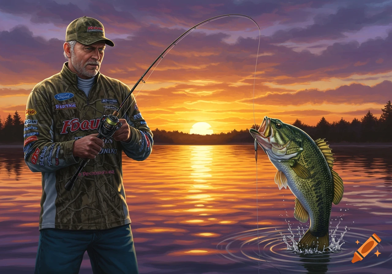 A photorealistic painting of a man fishing, catching a bass jumping out ...