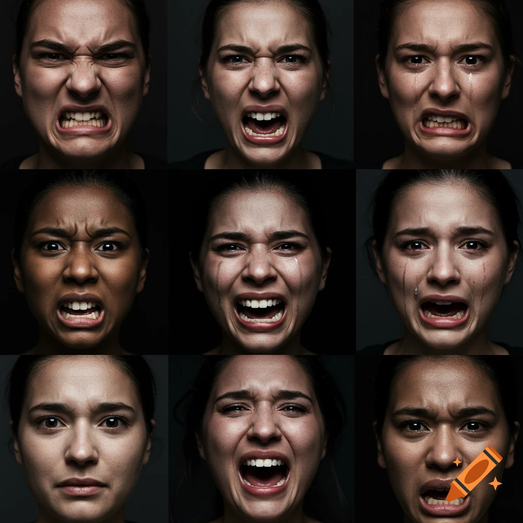 Nine photorealistic close-up portraits of human faces expressing ...