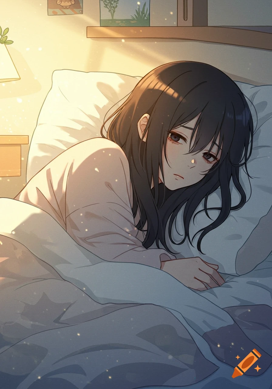 An anime girl with dark hair lays in bed, looking tired, illuminated by ...