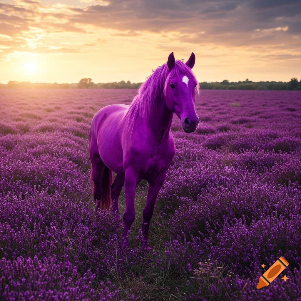 A vibrant purple horse stands in a field of purple lavender flowers at ...