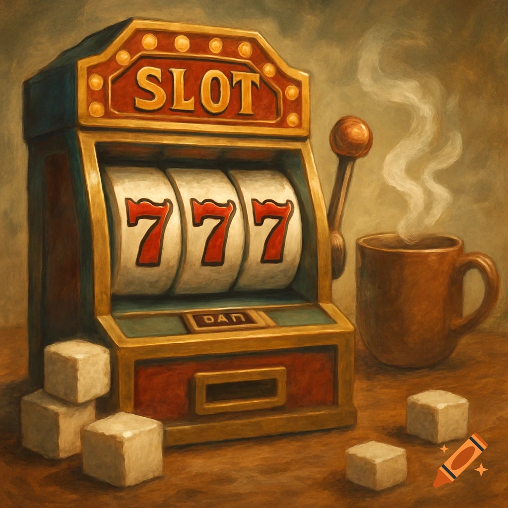A painting of a slot machine with triple 777, next to a steaming coffee ...