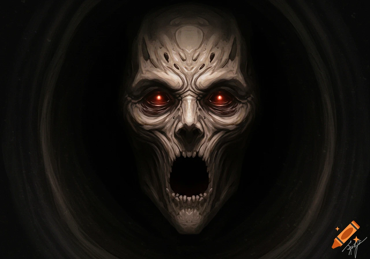 A monstrous, skull-like face with glowing red eyes and an open mouth ...