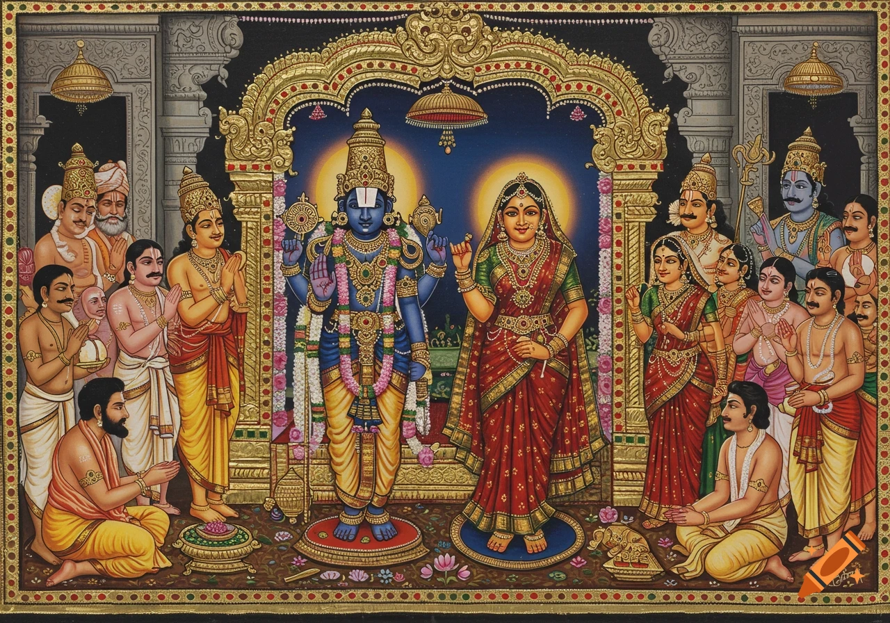 Traditional Indian painting of blue-skinned deities and devotees in a ...