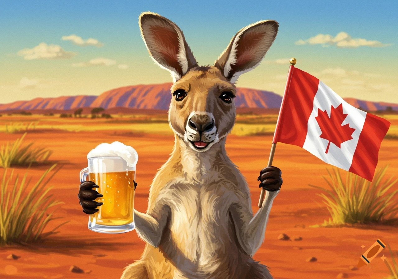 An illustrated kangaroo holding a frothy mug of beer and a Canadian ...