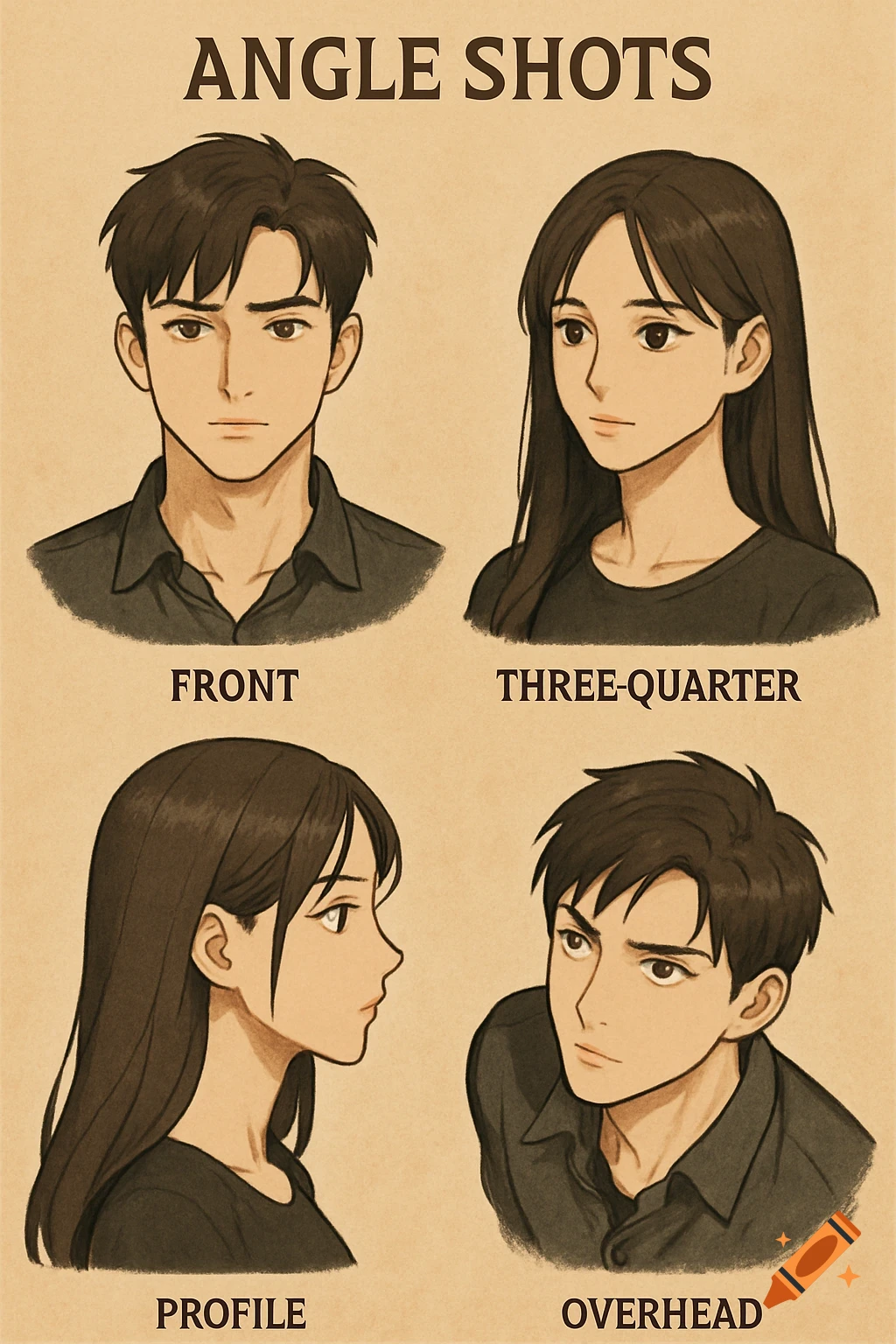 Manhwa style visual reference sheet illustrating front, three-quarter ...