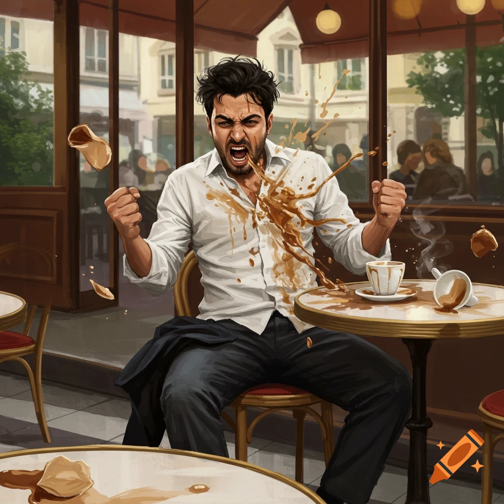 A man in a cafe, yelling in frustration as spilled coffee splashes ...