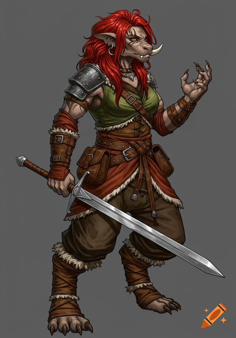 Full-body illustration of a strong female goliath barbarian with red ...