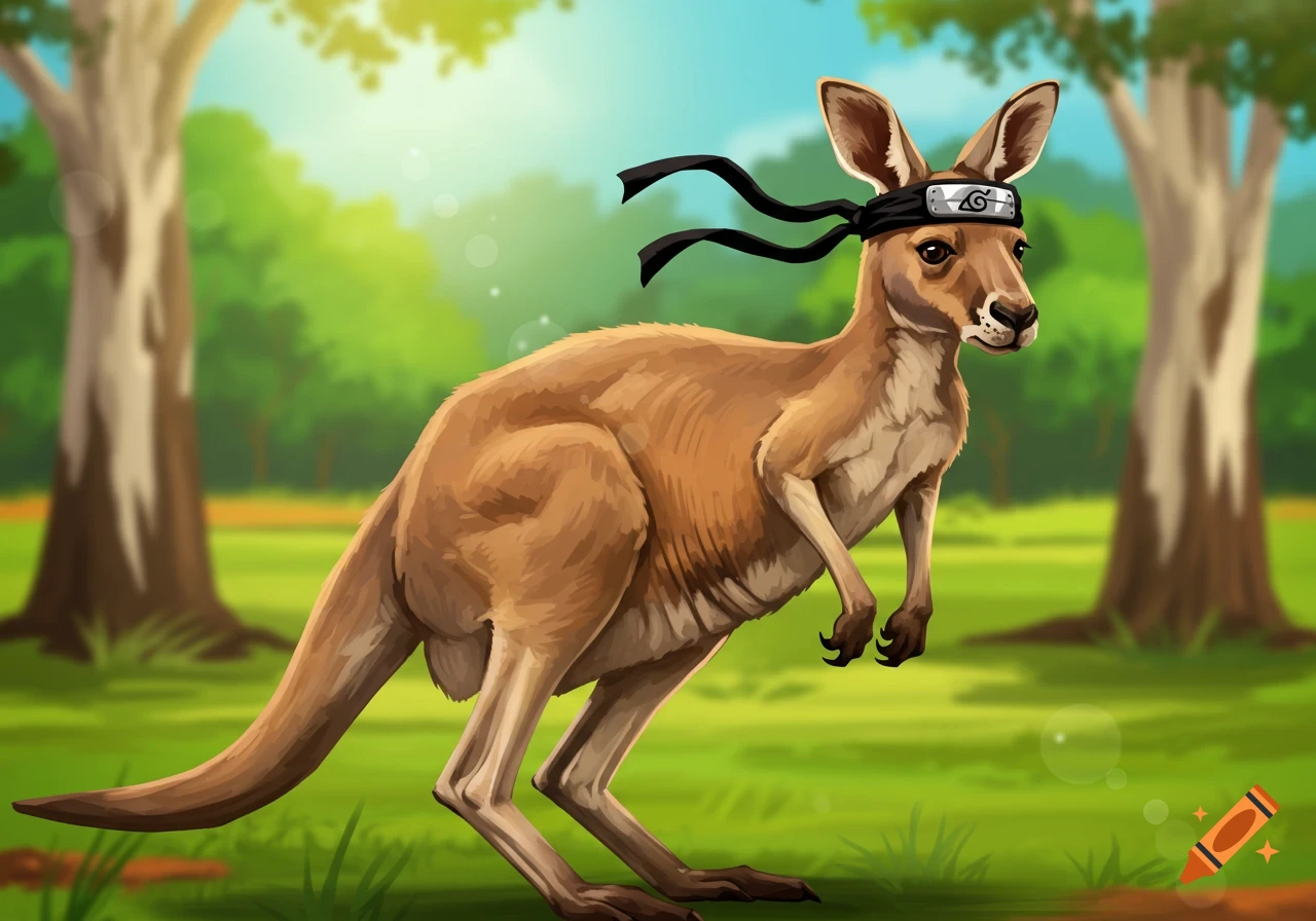 A cartoon kangaroo wearing a black ninja headband with a leaf village ...