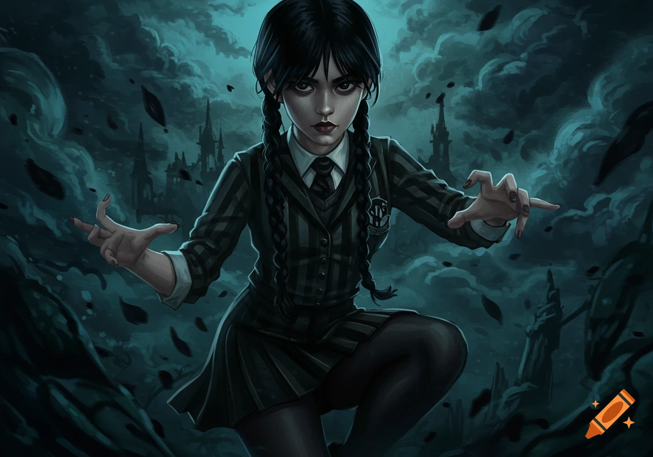 Illustration of Wednesday Addams in a dark uniform with braids, casting ...