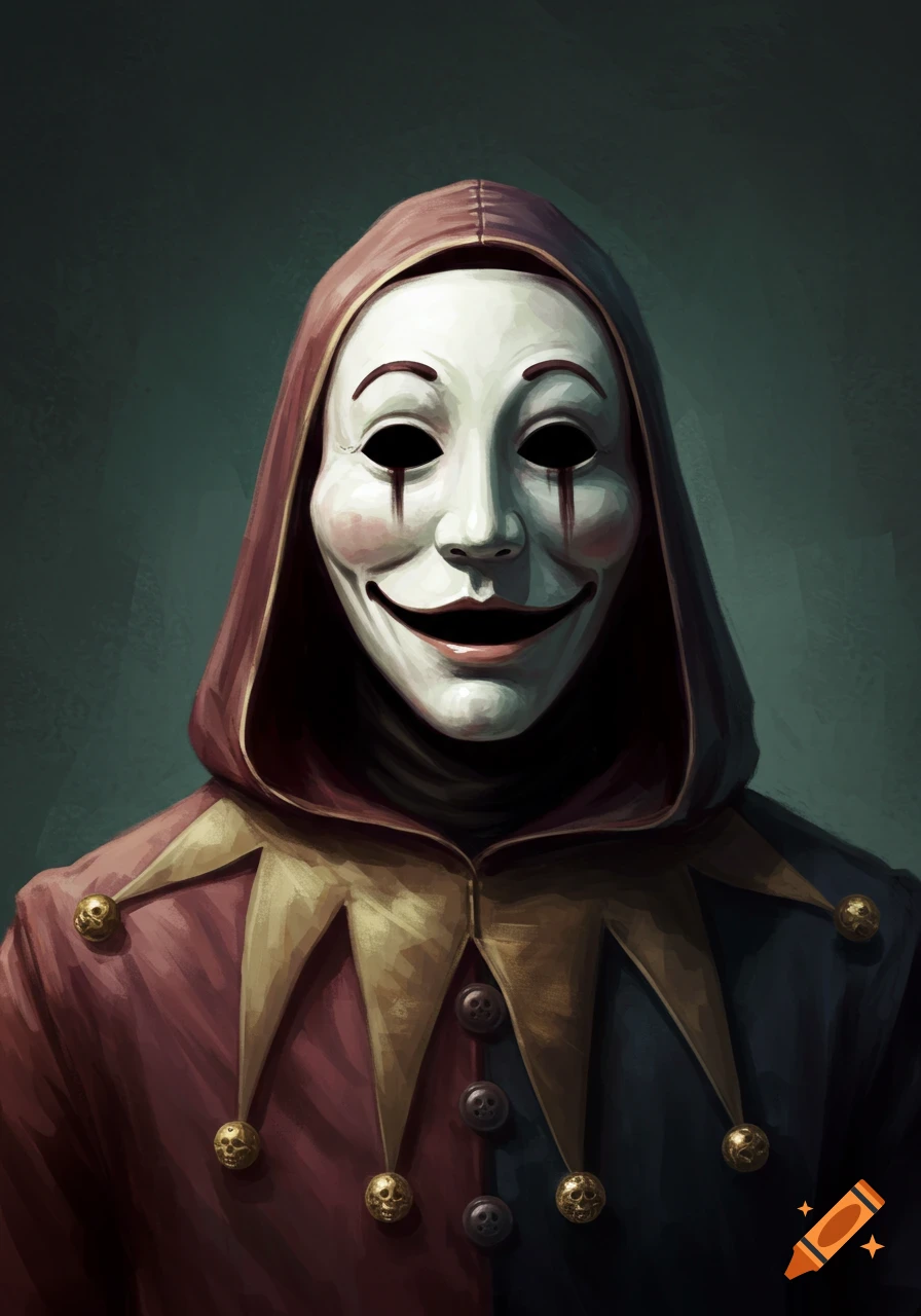 A figure in a white, blank mask with black void eyes and dark tear ...