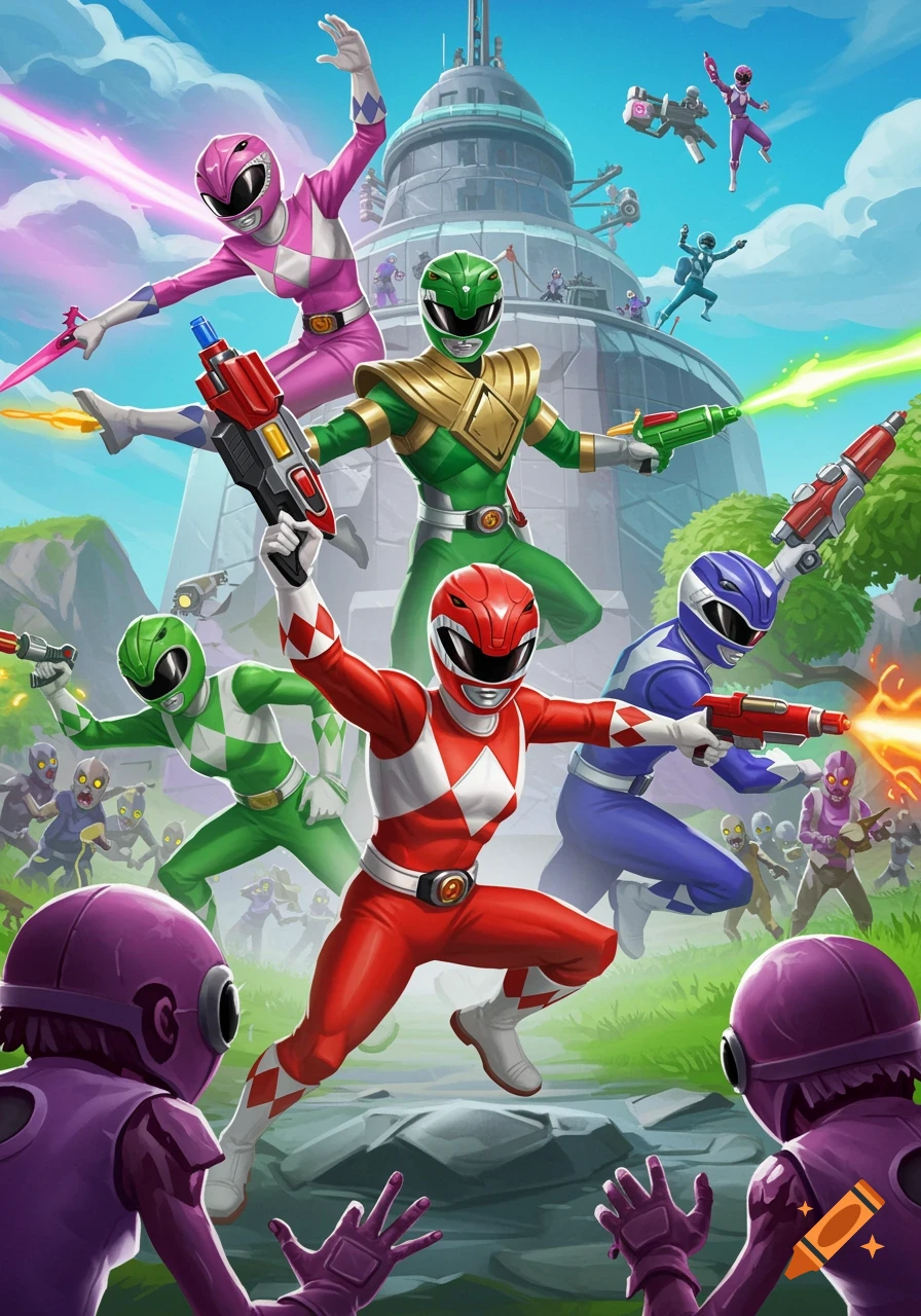 Vibrant cartoon Power Rangers in various colors battle purple alien ...