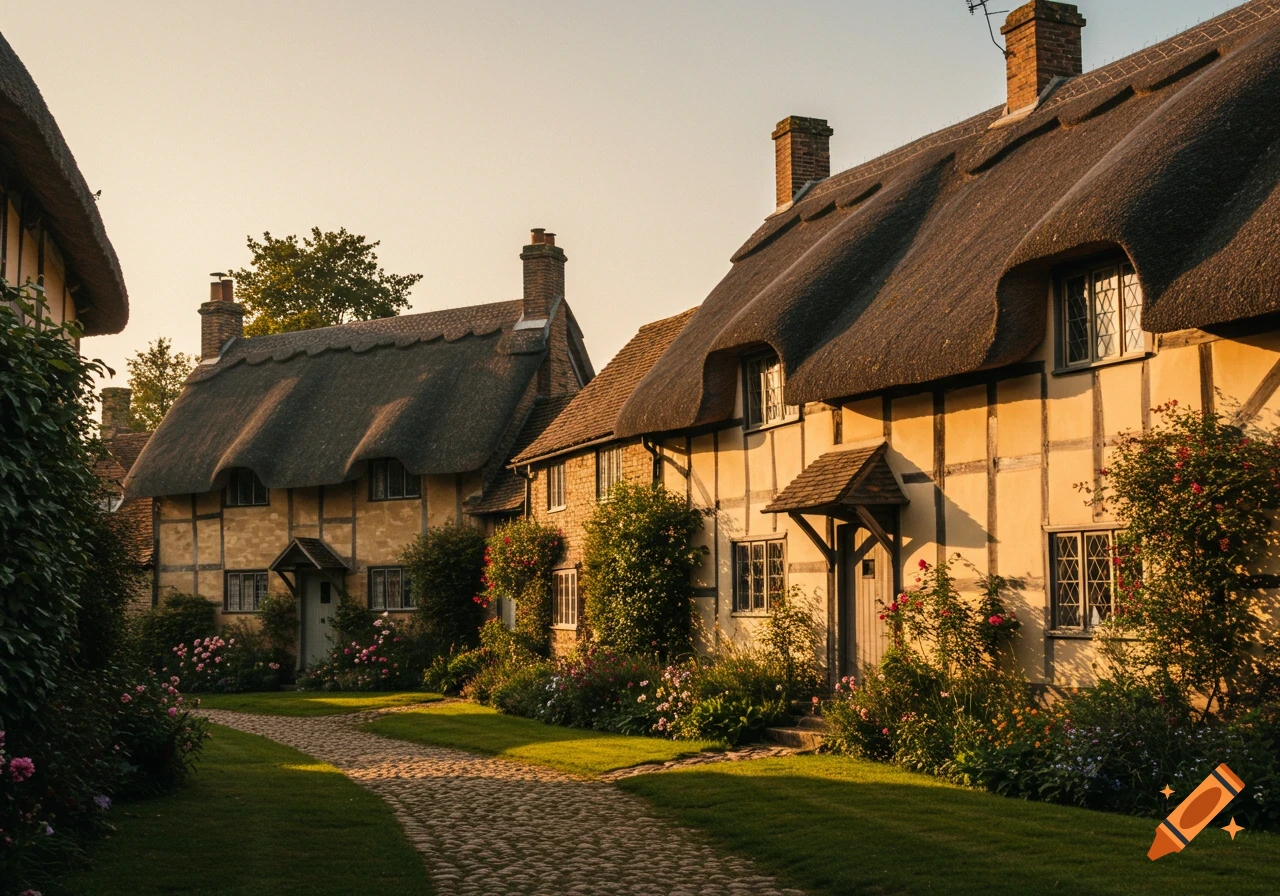 Thatched medieval English cottages with gardens at sunset. on Craiyon