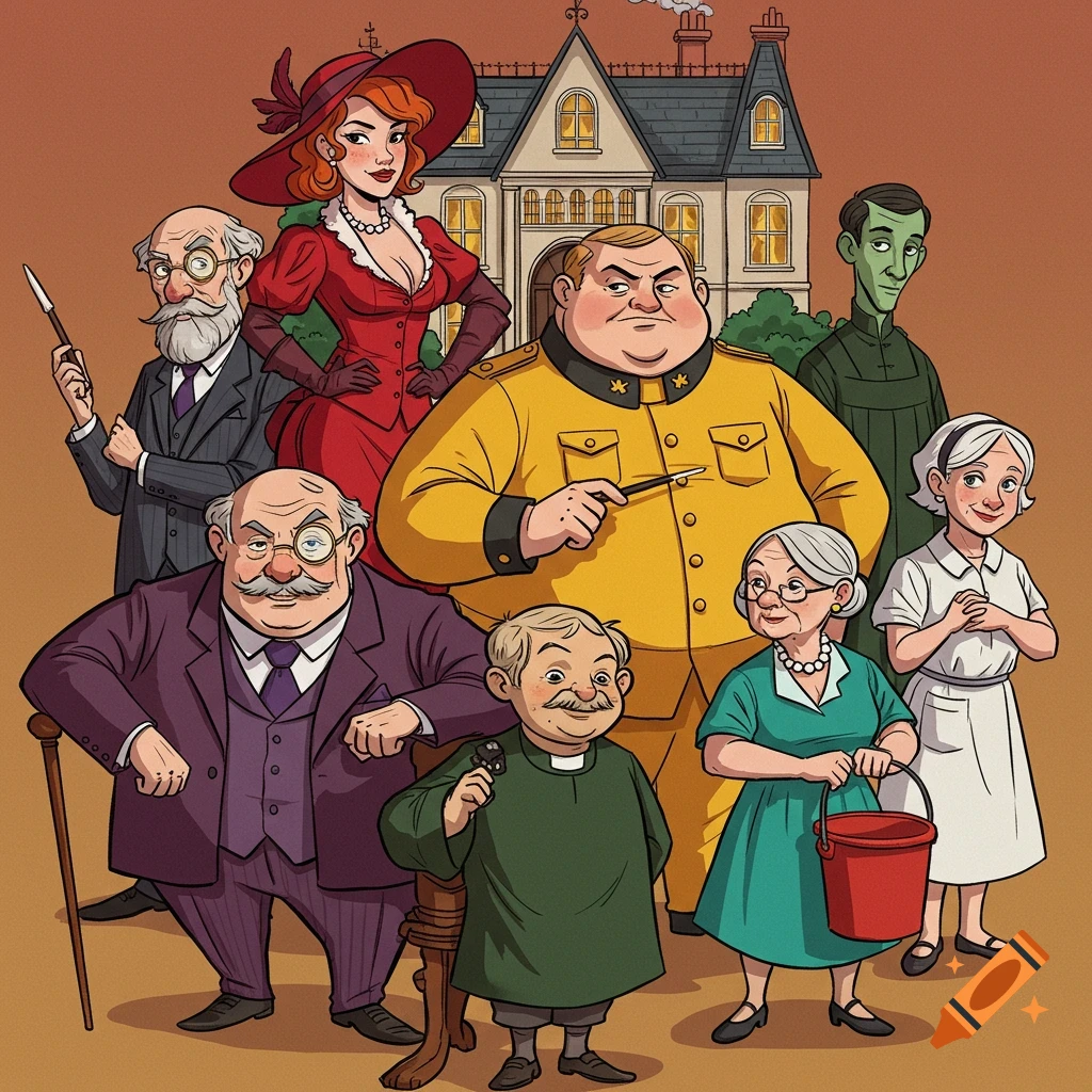 A group of colorful, stylized cartoon characters, reminiscent of Cluedo ...