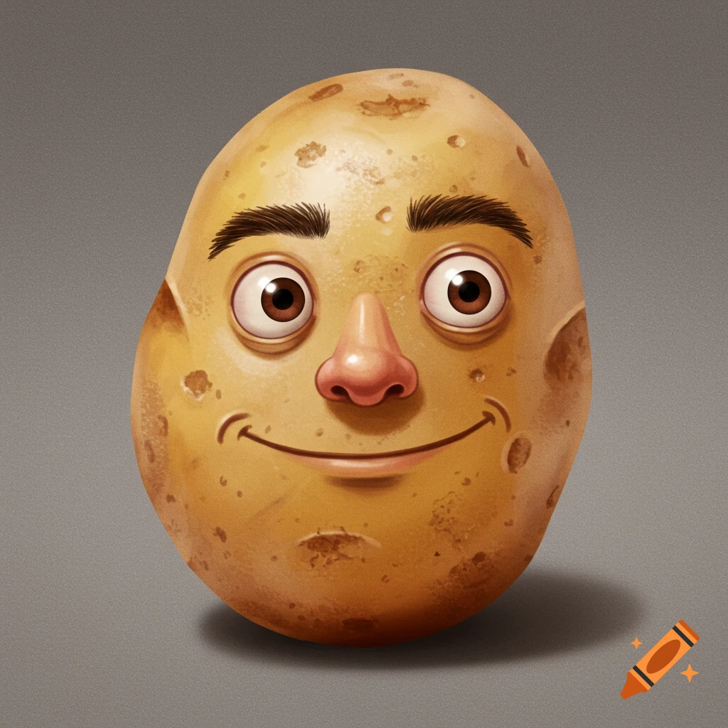 A cartoon potato with a human-like face, featuring large eyes, a nose ...