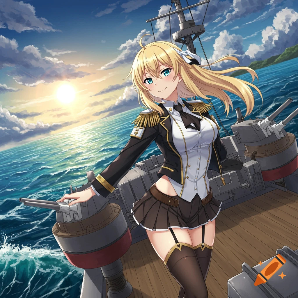 An anime girl with blonde hair in a naval officer uniform stands on a ...