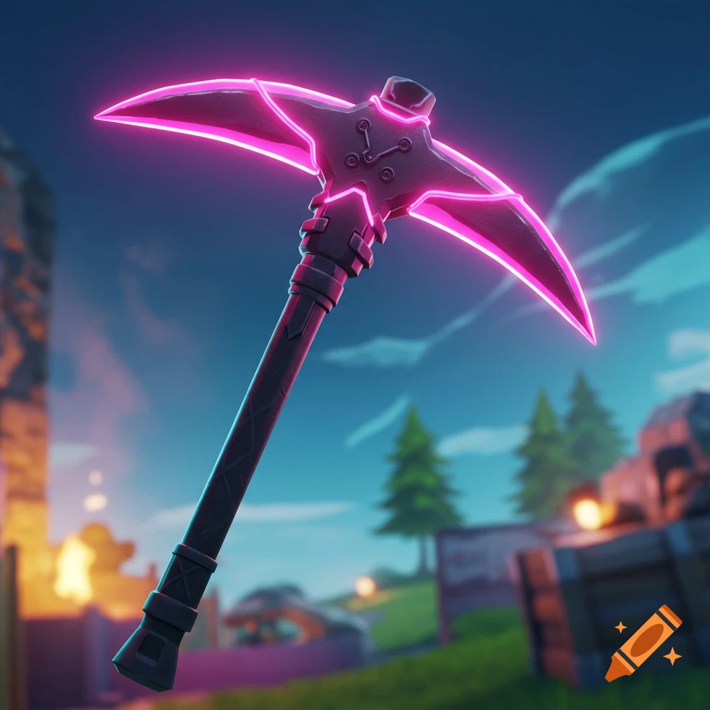 A glowing pink and purple pickaxe from Fortnite stands in a game ...