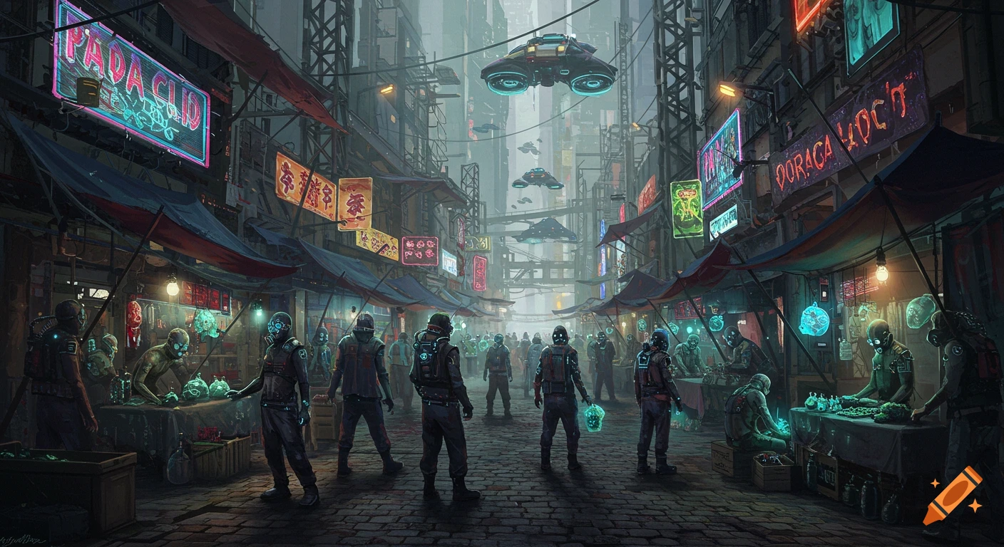 A crowded, dark, futuristic dystopian market with masked figures ...