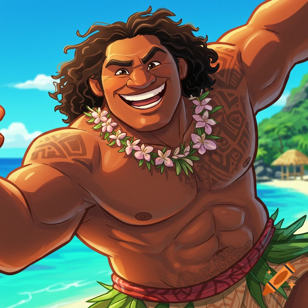 A smiling cartoon Polynesian man with tattoos and a flower lei ...