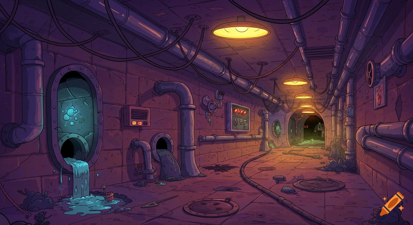 A cartoon illustration of a dark, purple-hued underground sewer with ...