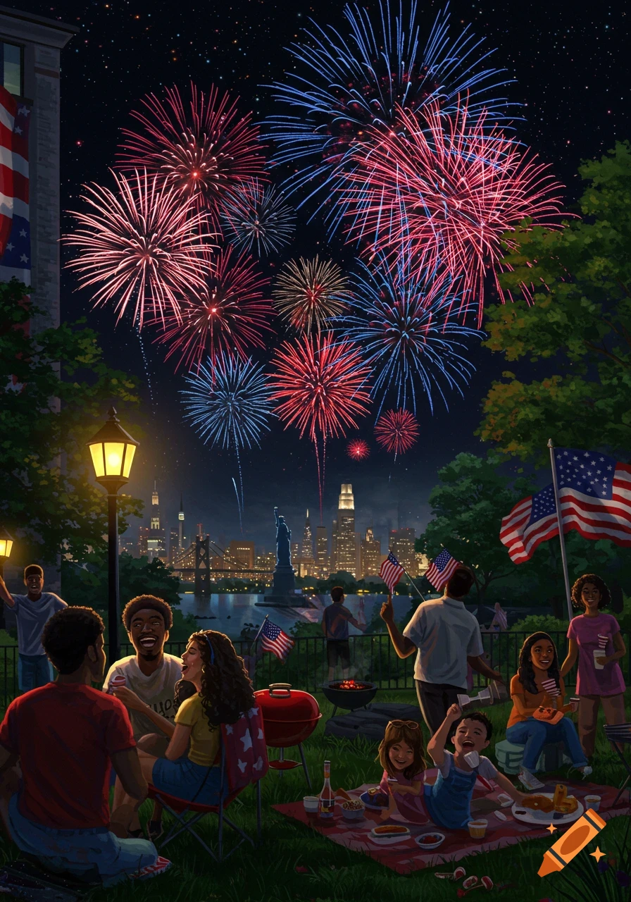 A diverse group celebrating Fourth of July with fireworks over a city ...