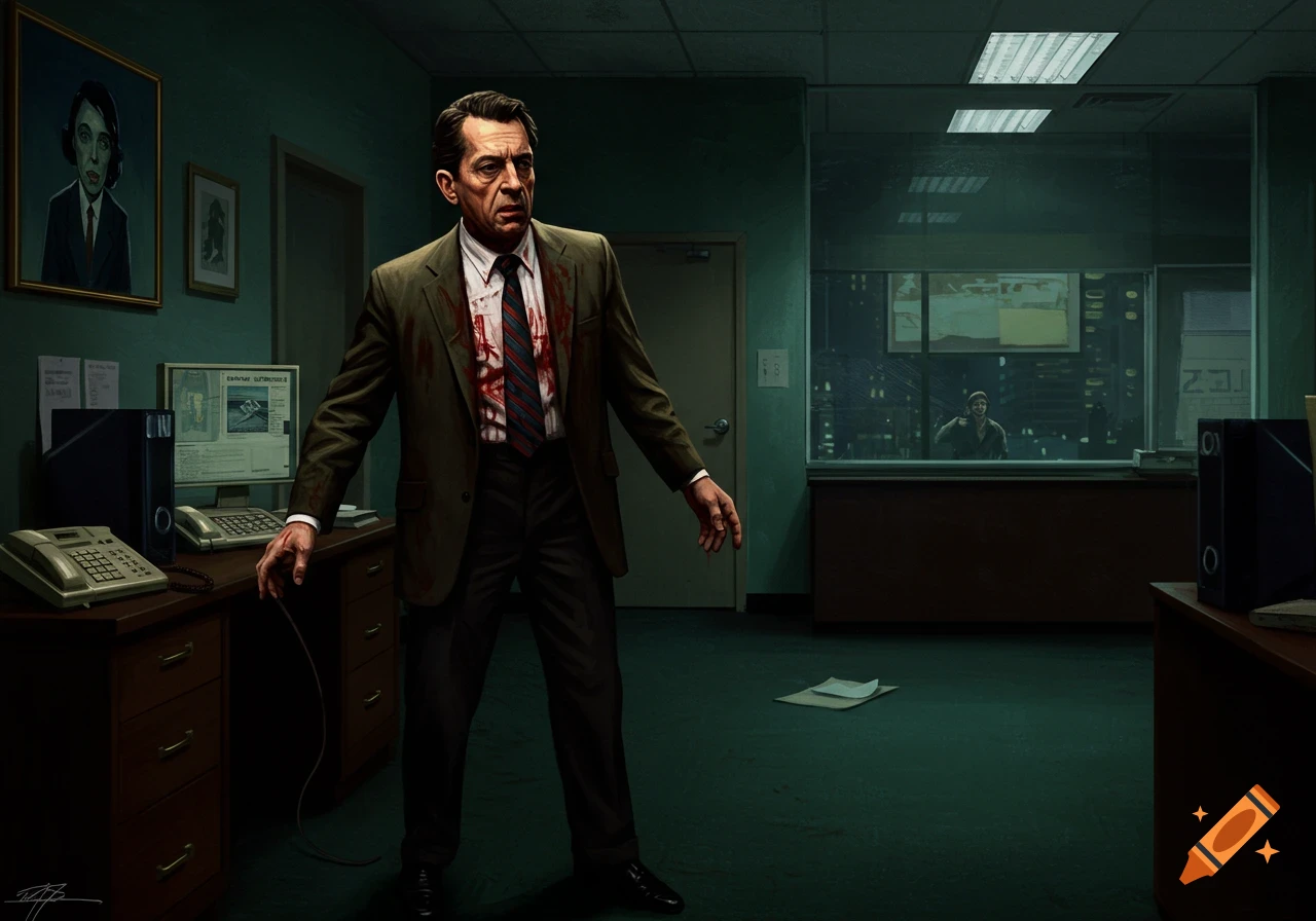 A man in a blood-stained suit stands in a dark office, in a stylized ...