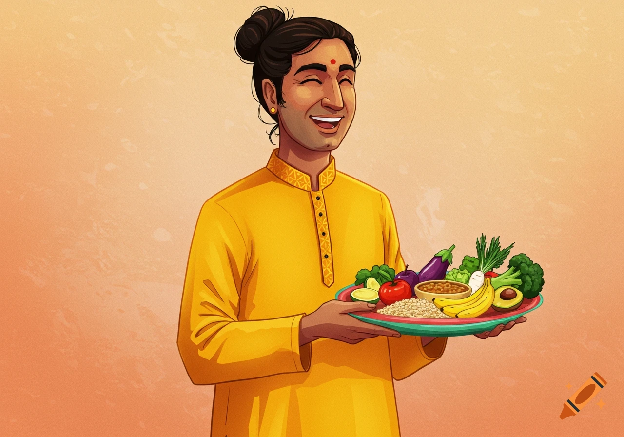 A smiling man in a yellow tunic holds a plate filled with various ...