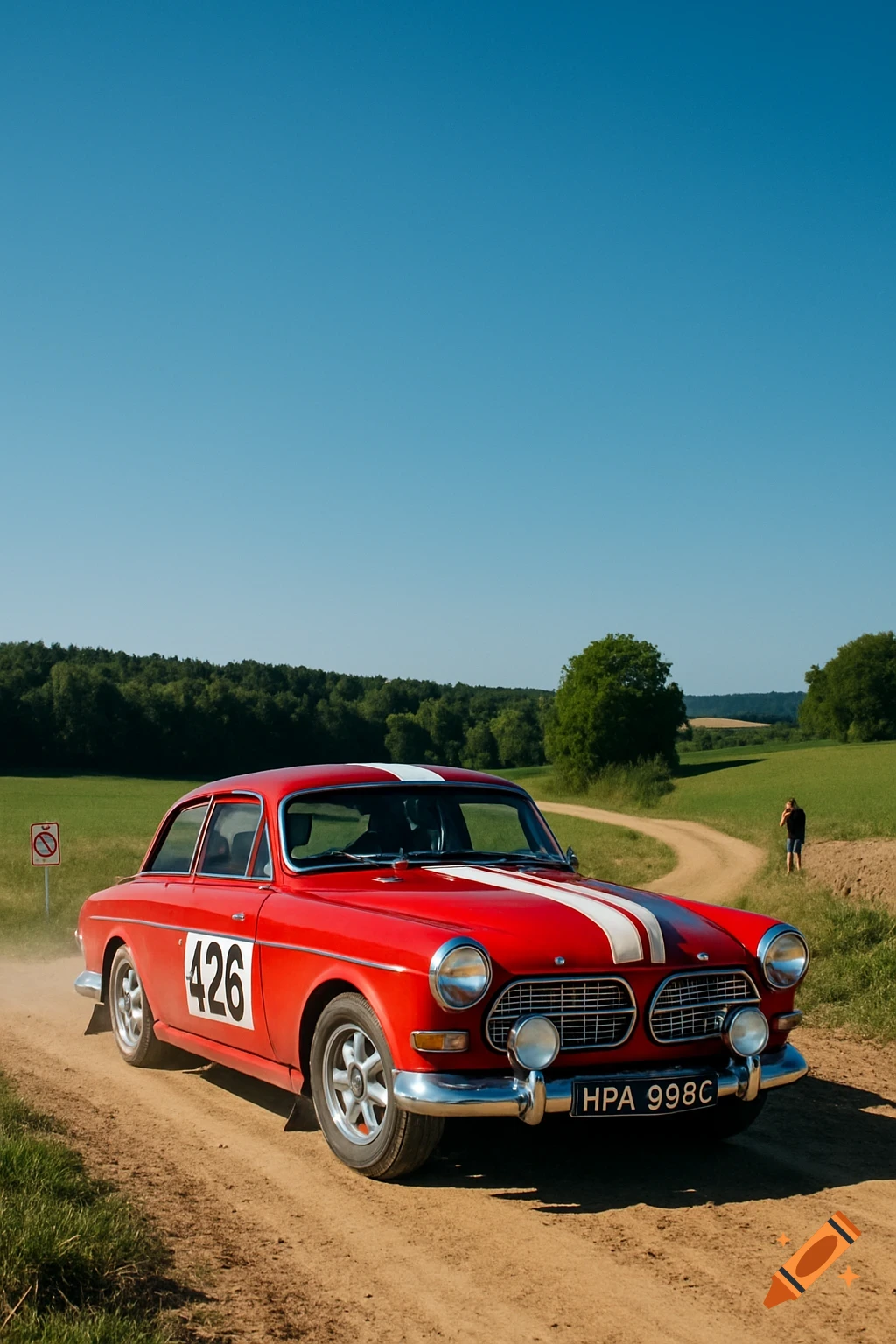 A red vintage Volvo 122 Amazon rally car with white stripes and number ...