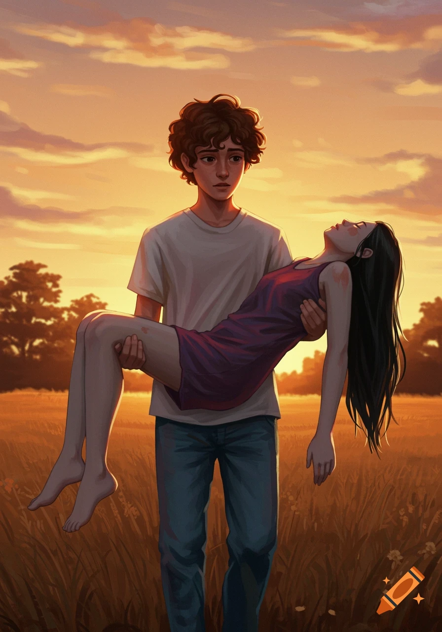 An illustration of a young man carrying a fainted woman through a field ...