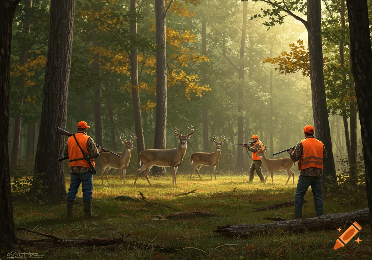 Two hunters in orange vests with rifles confront several deer in a ...
