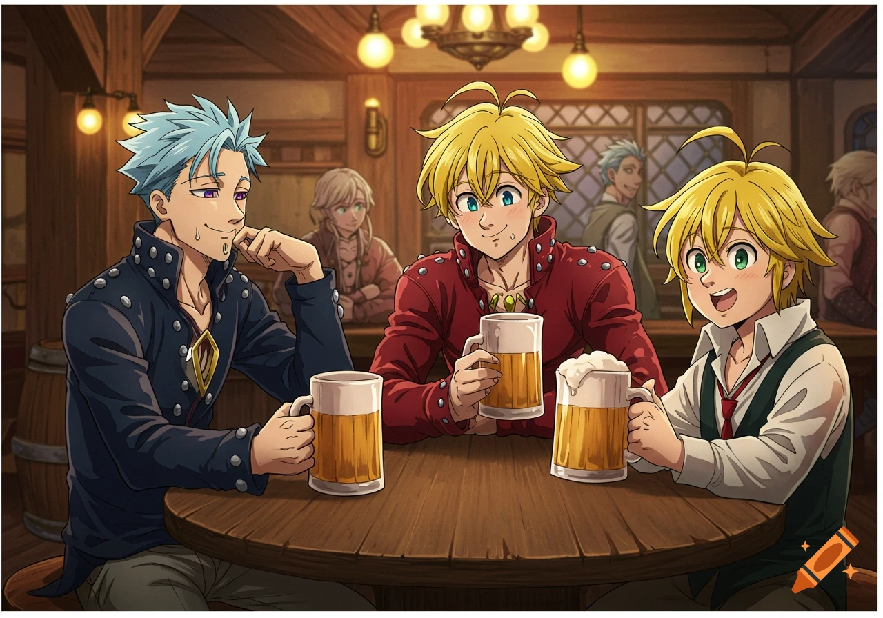 Anime characters Meliodas, Ban, and a friend drink beer at a wooden ...