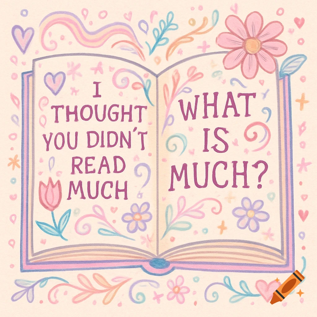 A whimsical, hand-drawn illustration of an open book with the text "I ...