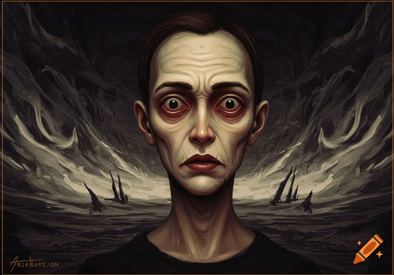 Close-up of a gaunt, pale person with large, bloodshot eyes and a ...