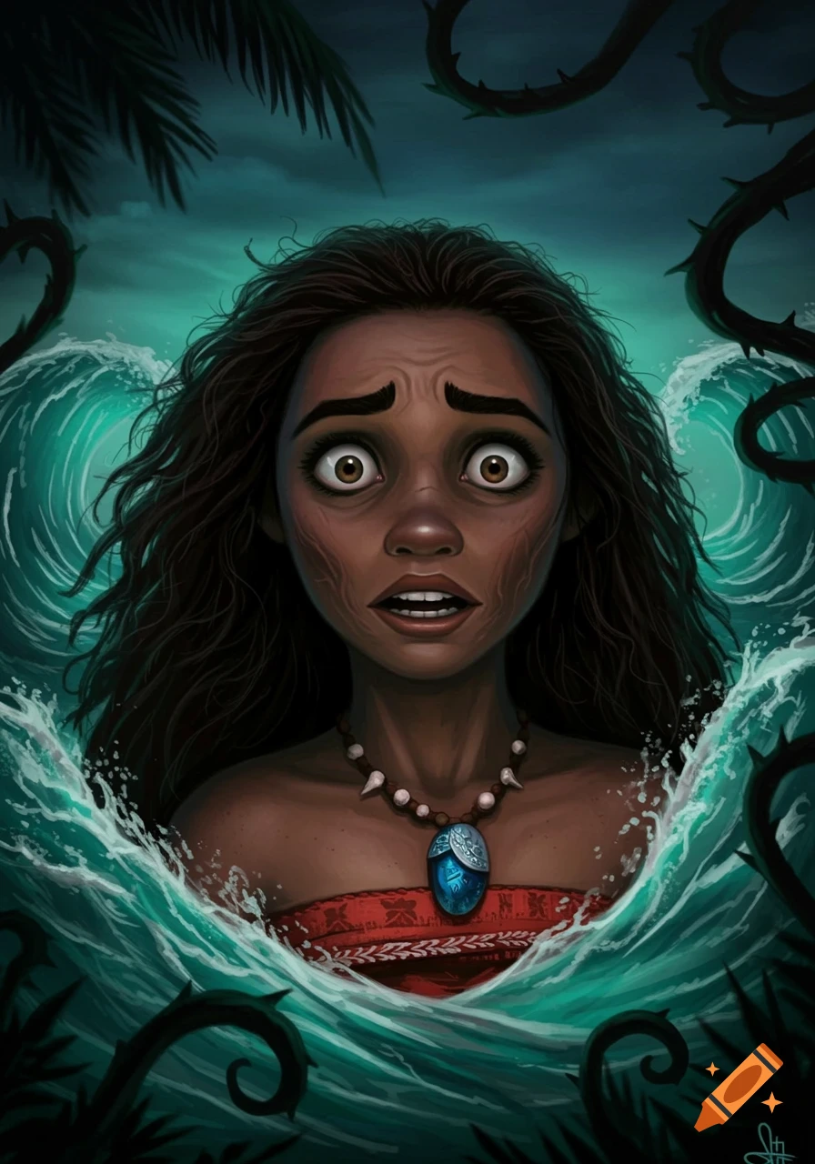 A horror-style depiction of Moana, with a distressed face, wide eyes ...