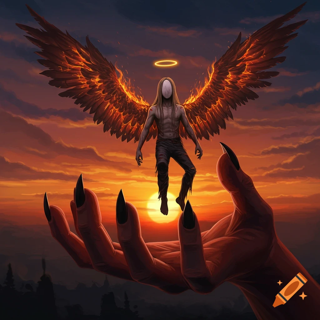 A masked figure with fiery wings is cradled by a giant red demonic hand ...