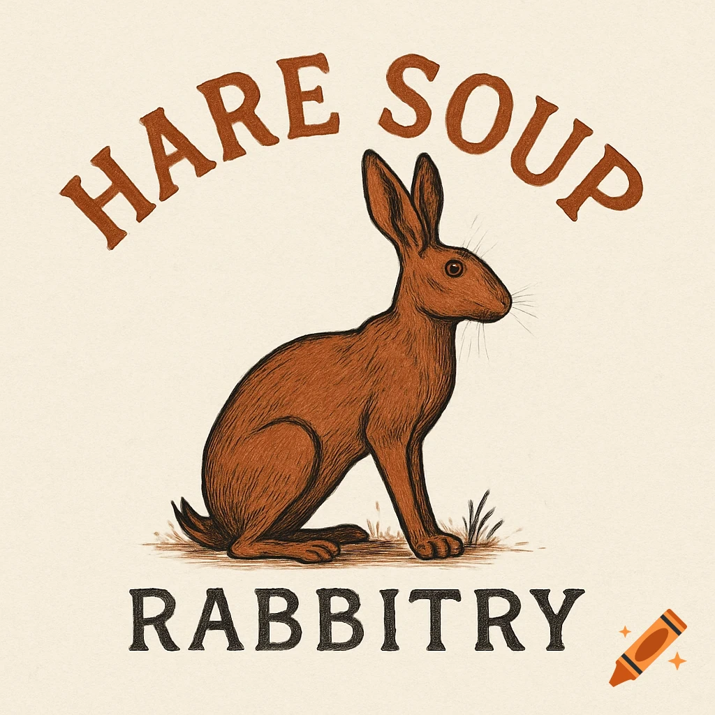 Hand-drawn illustration of a brown hare sitting in grass, with 'HARE ...